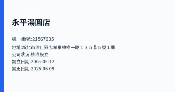 永平湯圓店的照片-統編 21567635(新北市) 公司登記資料與營業項目詳細圖表