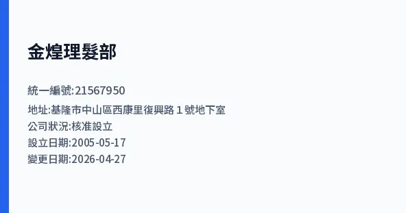 金煌理髮部的照片-統編 21567950(基隆市) 公司登記資料與營業項目詳細圖表