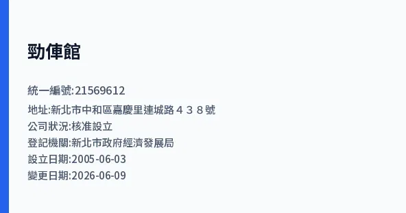 勁俥館的照片-統編 21569612(新北市) 公司登記資料與營業項目詳細圖表