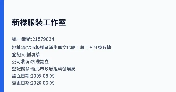 新樣服裝工作室的照片-統編 21579034(新北市) 公司登記資料與營業項目詳細圖表