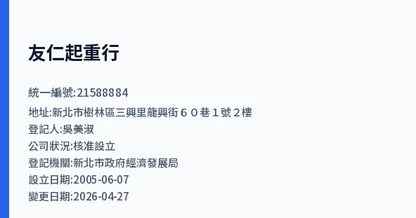 友仁起重行的照片-統編 21588884(新北市) 公司登記資料與營業項目詳細圖表