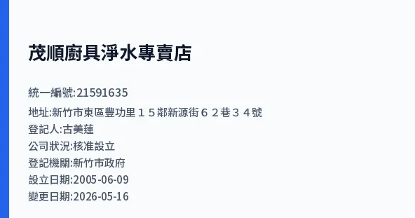 茂順廚具淨水專賣店的照片-統編 21591635(新竹市) 公司登記資料與營業項目詳細圖表