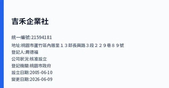 吉禾企業社的照片-統編 21594181(桃園市) 公司登記資料與營業項目詳細圖表