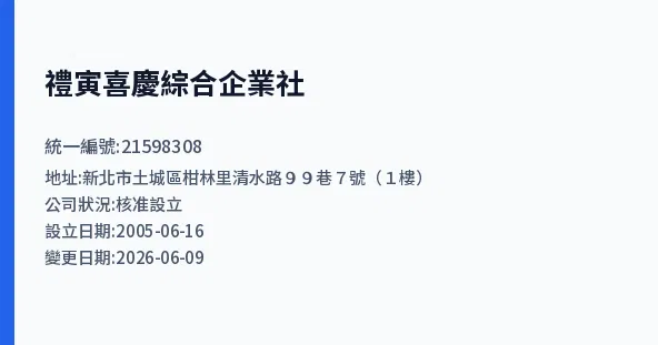 禮寅喜慶綜合企業社的照片-統編 21598308(新北市) 公司登記資料與營業項目詳細圖表