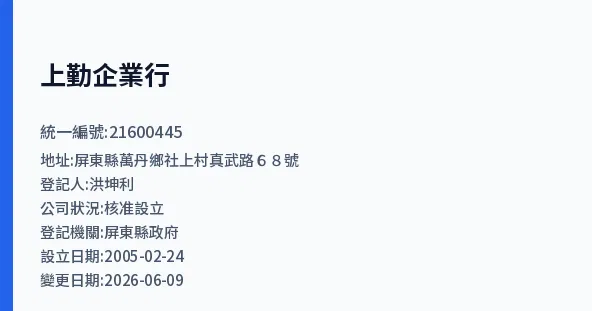 上勤企業行的照片-統編 21600445(屏東縣) 公司登記資料與營業項目詳細圖表