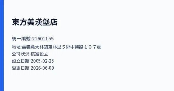 東方美漢堡店的照片-統編 21601155(嘉義縣) 公司登記資料與營業項目詳細圖表