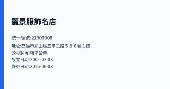 麗景服飾名店的照片-統編 21603908(高雄市) 公司登記資料與營業項目詳細圖表