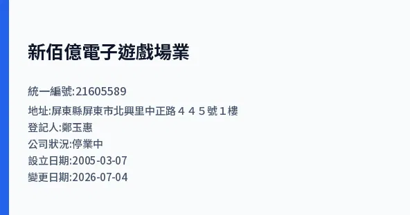 新佰億電子遊戲場業的照片-統編 21605589(屏東縣) 公司登記資料與營業項目詳細圖表