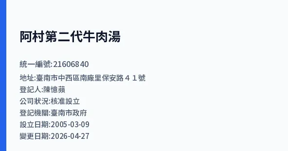 阿村第二代牛肉湯的照片-統編 21606840(臺南市) 公司登記資料與營業項目詳細圖表