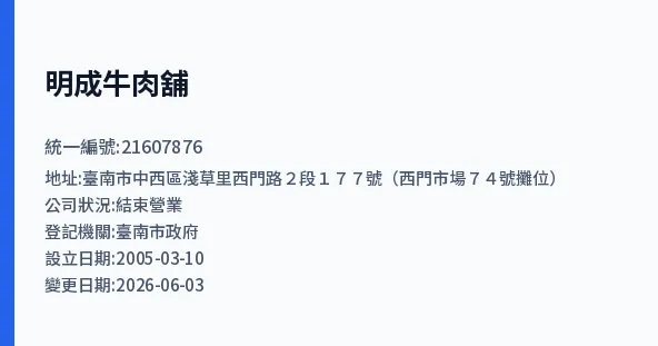 明成牛肉舖的照片-統編 21607876(臺南市) 公司登記資料與營業項目詳細圖表