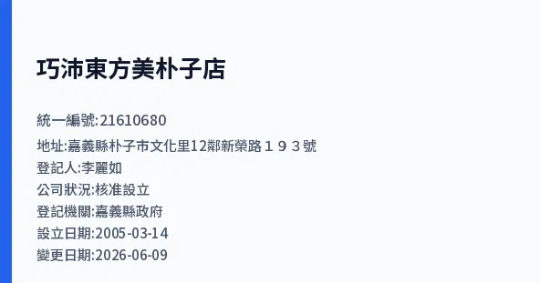 巧沛東方美朴子店的照片-統編 21610680(嘉義縣) 公司登記資料與營業項目詳細圖表