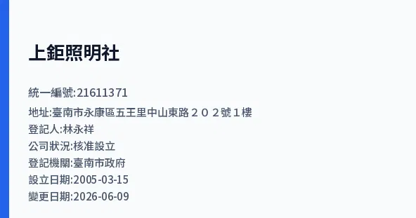 上鉅照明社的照片-統編 21611371(臺南市) 公司登記資料與營業項目詳細圖表