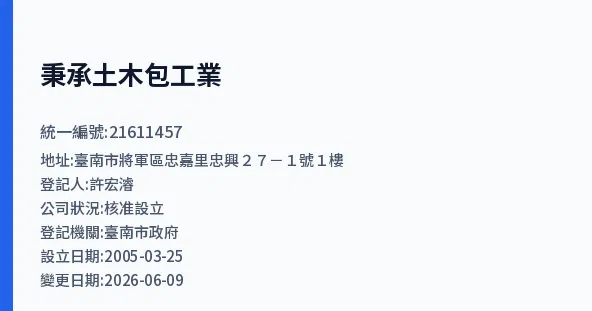 秉承土木包工業的照片-統編 21611457(臺南市) 公司登記資料與營業項目詳細圖表