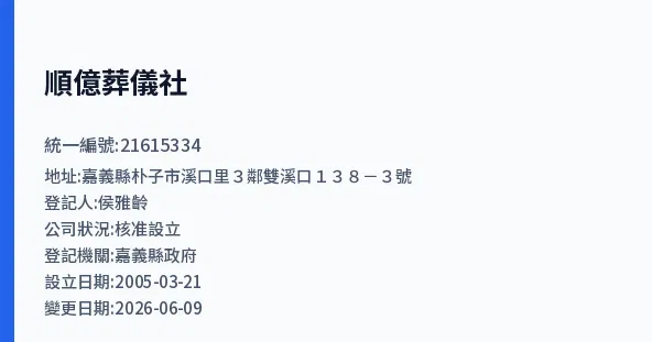 順億葬儀社的照片-統編 21615334(嘉義縣) 公司登記資料與營業項目詳細圖表