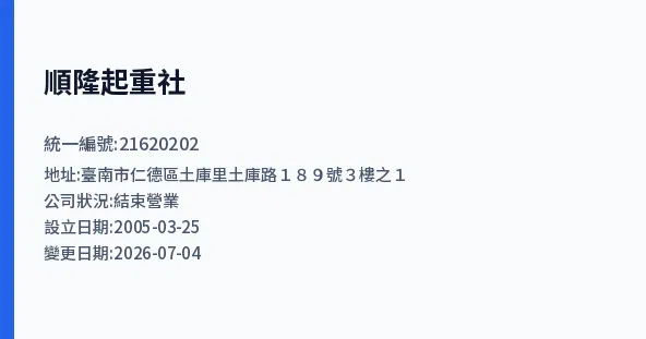 順隆起重社的照片-統編 21620202(臺南市) 公司登記資料與營業項目詳細圖表