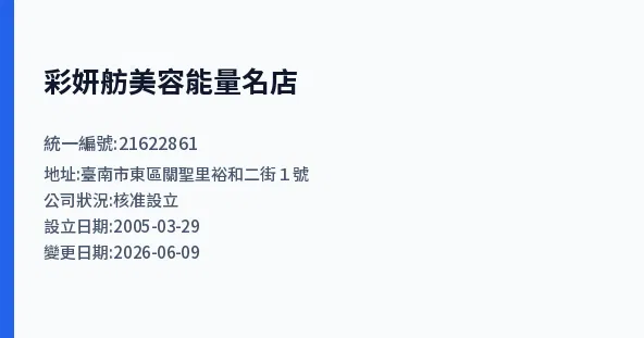 彩妍舫美容能量名店的照片-統編 21622861(臺南市) 公司登記資料與營業項目詳細圖表