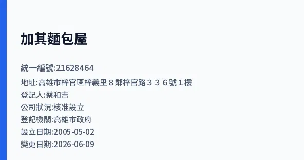 加其麵包屋的照片-統編 21628464(高雄市) 公司登記資料與營業項目詳細圖表