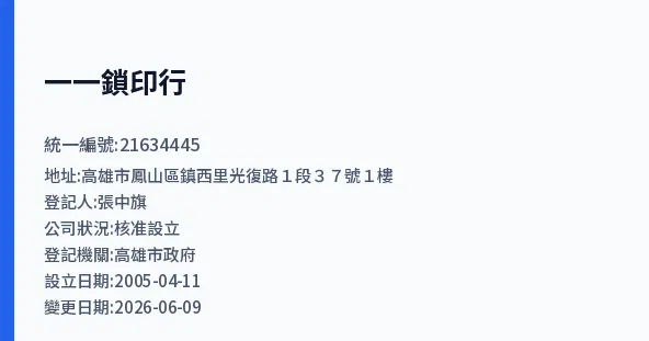 一一鎖印行的照片-統編 21634445(高雄市) 公司登記資料與營業項目詳細圖表