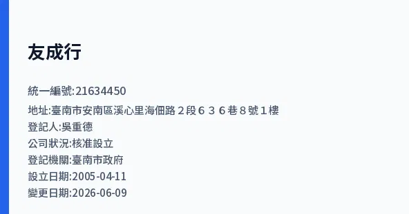 友成行的照片-統編 21634450(臺南市) 公司登記資料與營業項目詳細圖表