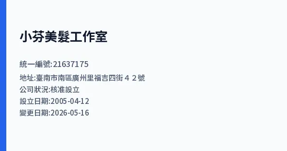 小芬美髮工作室的照片-統編 21637175(臺南市) 公司登記資料與營業項目詳細圖表