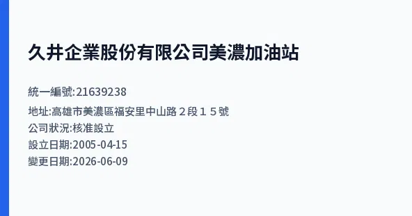 久井企業股份有限公司美濃加油站的照片-統編 21639238(高雄市) 公司登記資料與營業項目詳細圖表