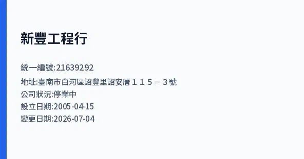 新豐工程行的照片-統編 21639292(臺南市) 公司登記資料與營業項目詳細圖表