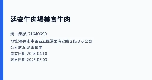 廷安牛肉場美食牛肉的照片-統編 21640690(臺南市) 公司登記資料與營業項目詳細圖表