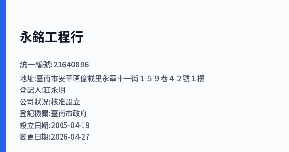 永銘工程行的照片-統編 21640896(臺南市) 公司登記資料與營業項目詳細圖表
