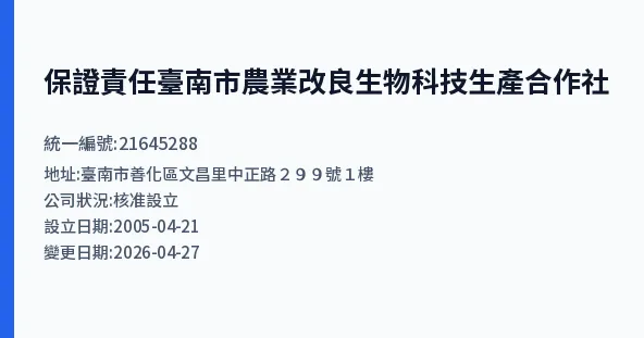 保證責任臺南市農業改良生物科技生產合作社的照片-統編 21645288(臺南市) 公司登記資料與營業項目詳細圖表