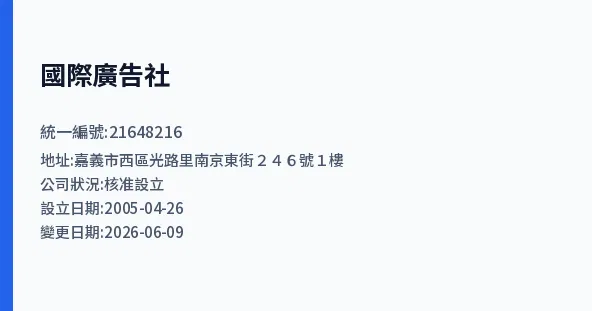 國際廣告社的照片-統編 21648216(嘉義市) 公司登記資料與營業項目詳細圖表