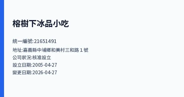 榕樹下冰品小吃的照片-統編 21651491(嘉義縣) 公司登記資料與營業項目詳細圖表