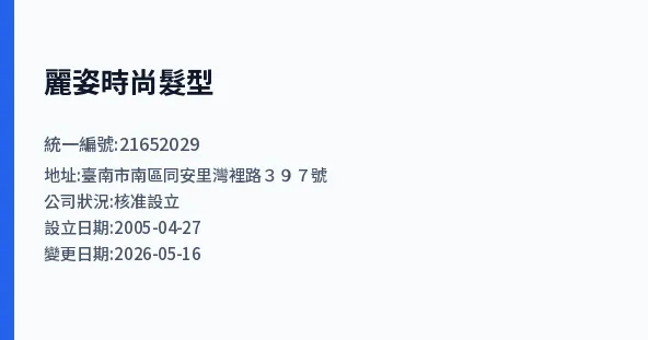 麗姿時尚髮型的照片-統編 21652029(臺南市) 公司登記資料與營業項目詳細圖表