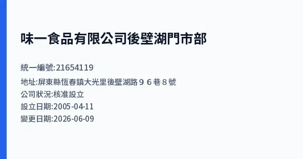 味一食品有限公司後壁湖門市部的照片-統編 21654119(屏東縣) 公司登記資料與營業項目詳細圖表