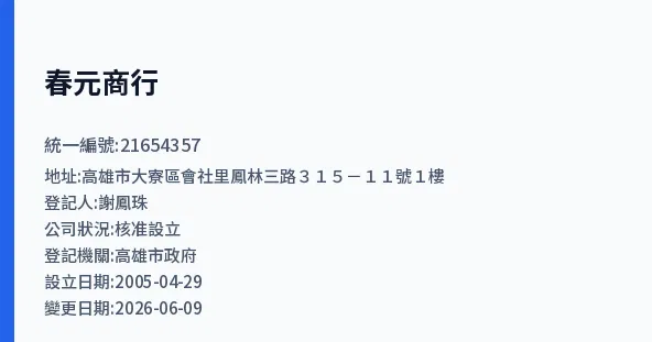 春元商行的照片-統編 21654357(高雄市) 公司登記資料與營業項目詳細圖表