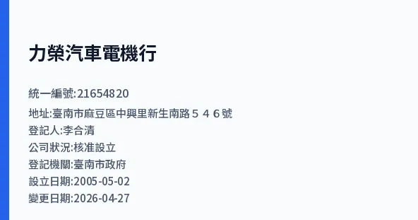 力榮汽車電機行的照片-統編 21654820(臺南市) 公司登記資料與營業項目詳細圖表