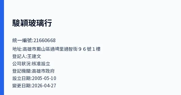 駿穎玻璃行的照片-統編 21660668(高雄市) 公司登記資料與營業項目詳細圖表