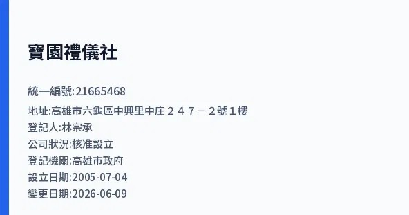 寶園禮儀社的照片-統編 21665468(高雄市) 公司登記資料與營業項目詳細圖表