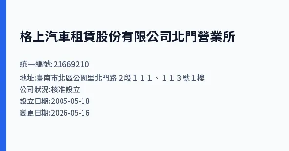 格上汽車租賃股份有限公司北門營業所的照片-統編 21669210(臺南市) 公司登記資料與營業項目詳細圖表