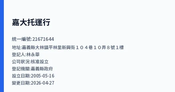 嘉大托運行的照片-統編 21671644(嘉義縣) 公司登記資料與營業項目詳細圖表
