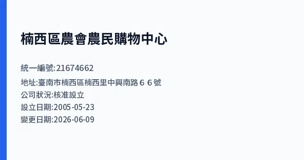 楠西區農會農民購物中心的照片-統編 21674662(臺南市) 公司登記資料與營業項目詳細圖表