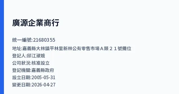 廣源企業商行的照片-統編 21680355(嘉義縣) 公司登記資料與營業項目詳細圖表
