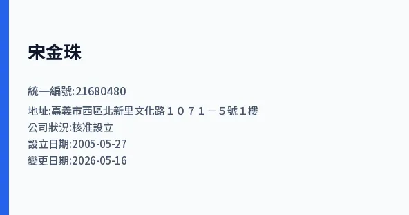宋金珠的照片-統編 21680480(嘉義市) 公司登記資料與營業項目詳細圖表