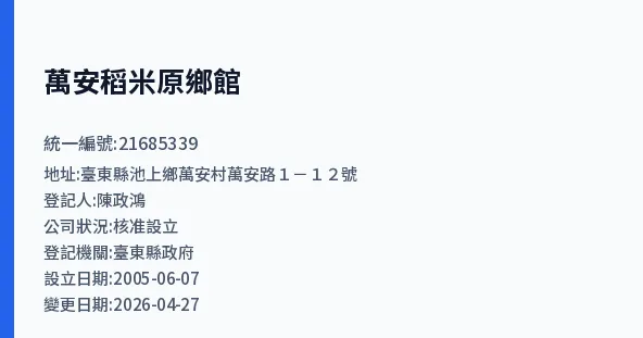 萬安稻米原鄉館的照片-統編 21685339(臺東縣) 公司登記資料與營業項目詳細圖表
