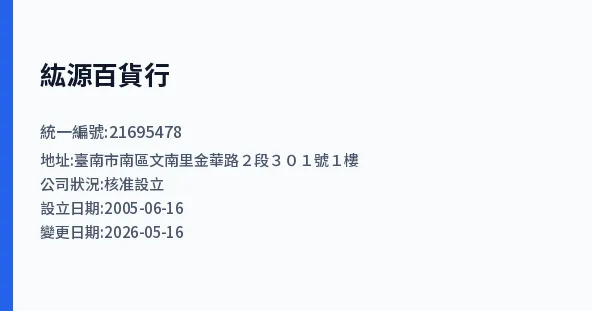 紘源百貨行的照片-統編 21695478(臺南市) 公司登記資料與營業項目詳細圖表