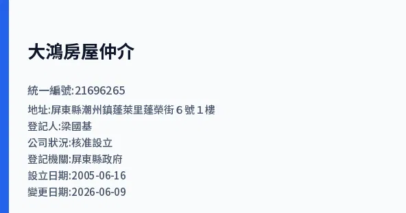 大鴻房屋仲介的照片-統編 21696265(屏東縣) 公司登記資料與營業項目詳細圖表