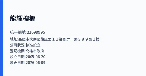 龍輝檳榔的照片-統編 21698995(高雄市) 公司登記資料與營業項目詳細圖表