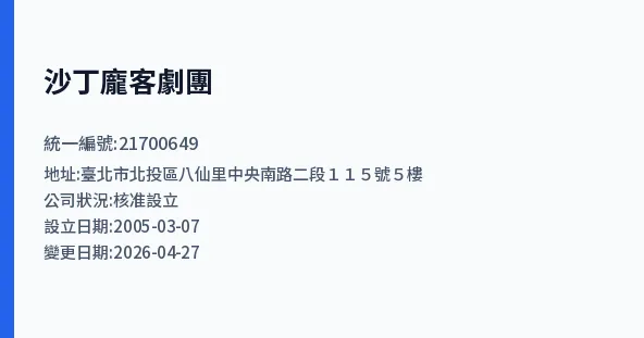 沙丁龐客劇團的照片-統編 21700649(臺北市) 公司登記資料與營業項目詳細圖表