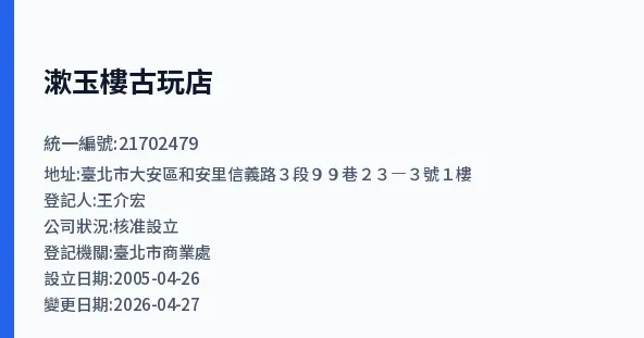 漱玉樓古玩店的照片-統編 21702479(臺北市) 公司登記資料與營業項目詳細圖表