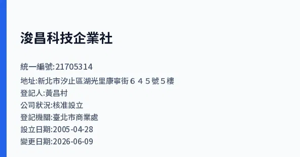 浚昌科技企業社的照片-統編 21705314(新北市) 公司登記資料與營業項目詳細圖表