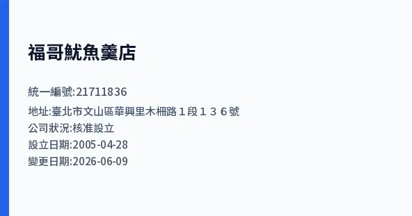 福哥魷魚羹店的照片-統編 21711836(臺北市) 公司登記資料與營業項目詳細圖表
